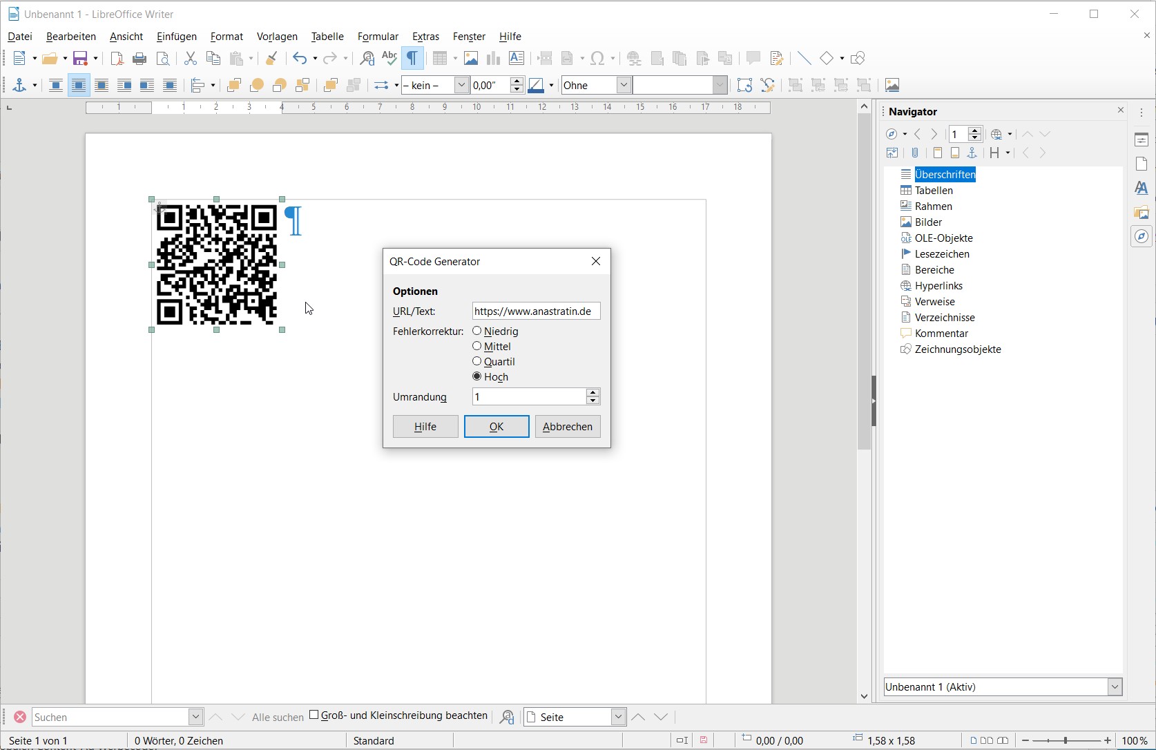 Der QR-Code-Editor von LibreOffice 6.4 (Screenshot) – Niarts Anastratin